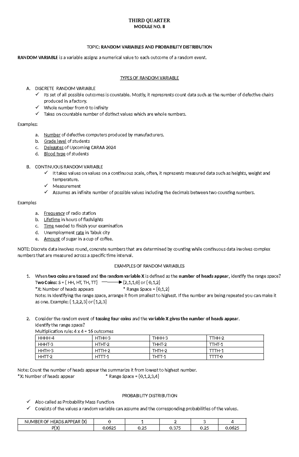 Module II - THIRD QUARTER MODULE NO. II TOPIC: RANDOM VARIABLES AND PROBABILITY DISTRIBUTION ...