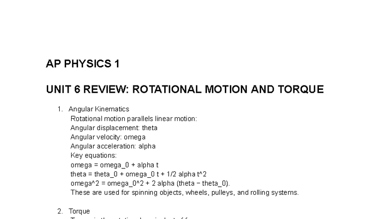 AP PHYSICS 1 UNIT 6 REVIEW: ROTATIONAL MOTION & TORQUE - Studocu