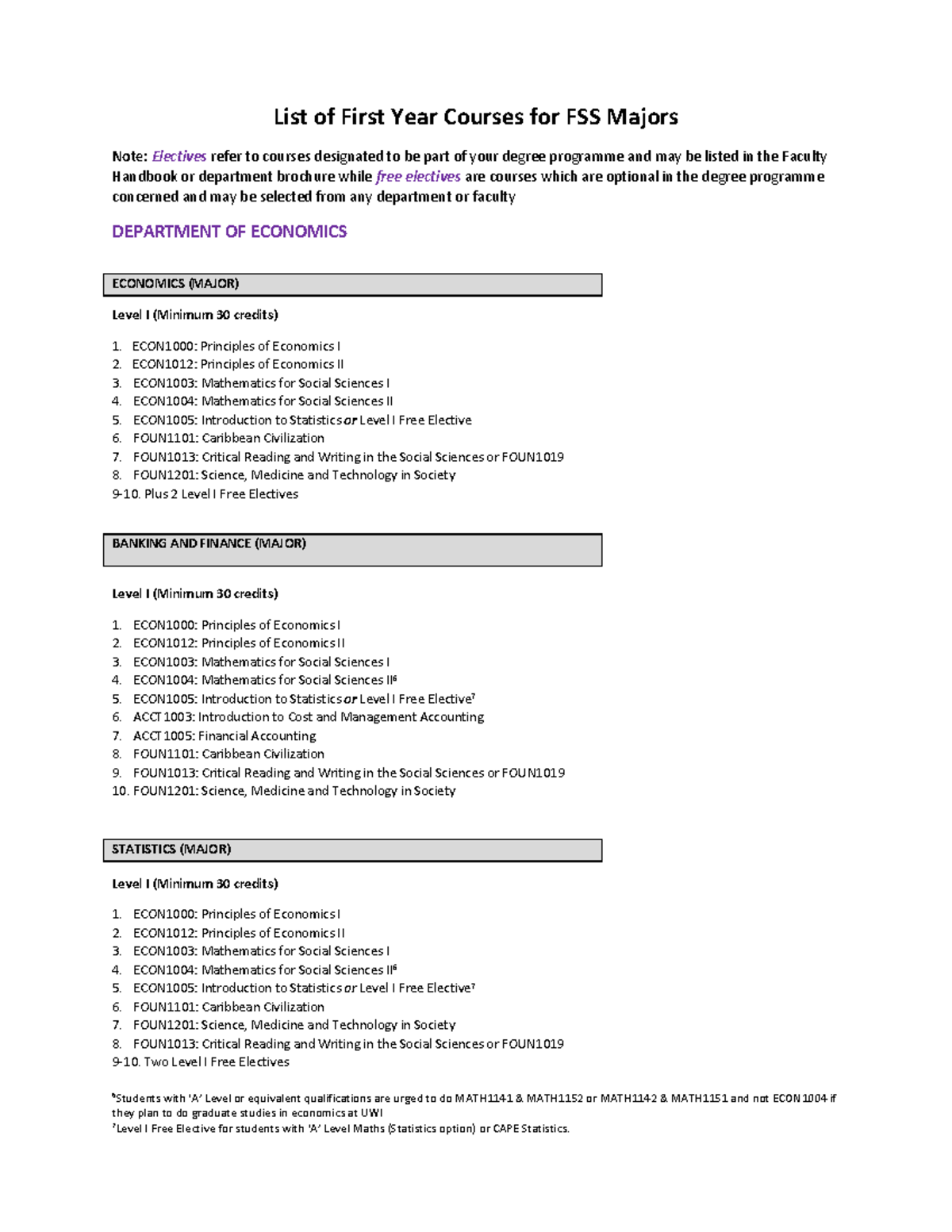 Year 1 Courses - Faculty of Social Sciences - List of First Year ...