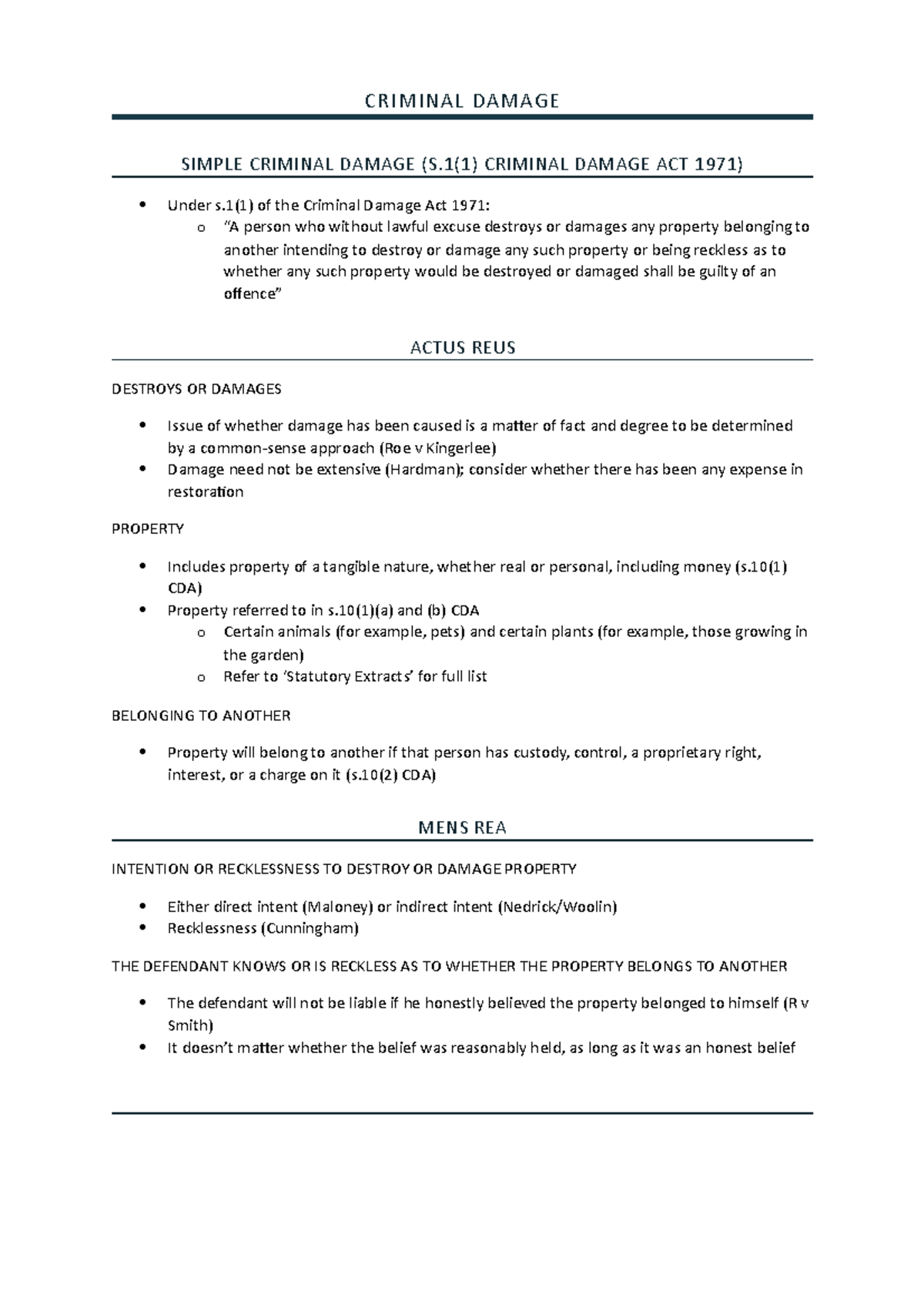 Criminal Damage Analysis: Problem Question Overview (Law 101) - Studocu
