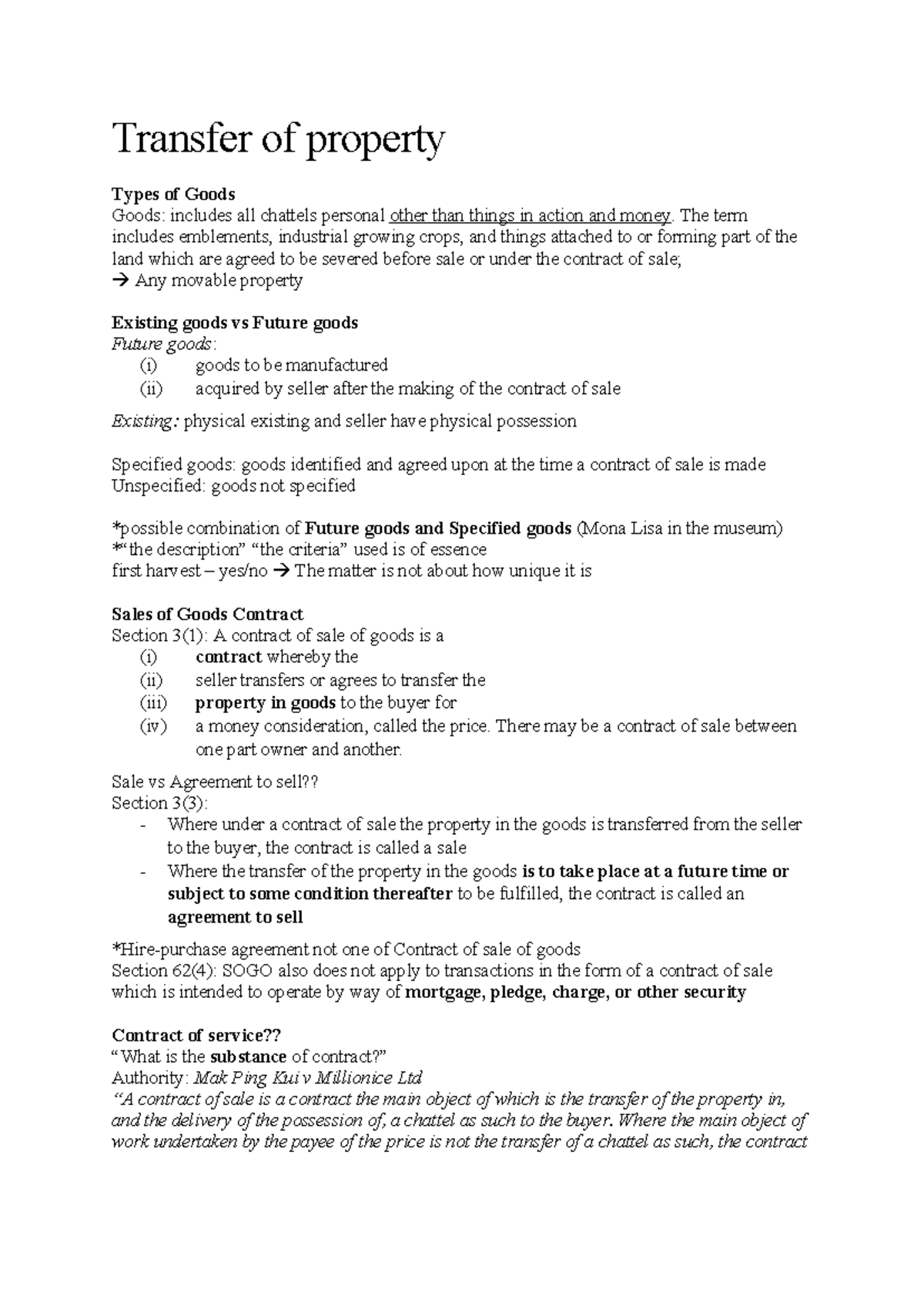LLAW2012 Revision Notes: Transfer of Property & Sales of Goods Concepts ...