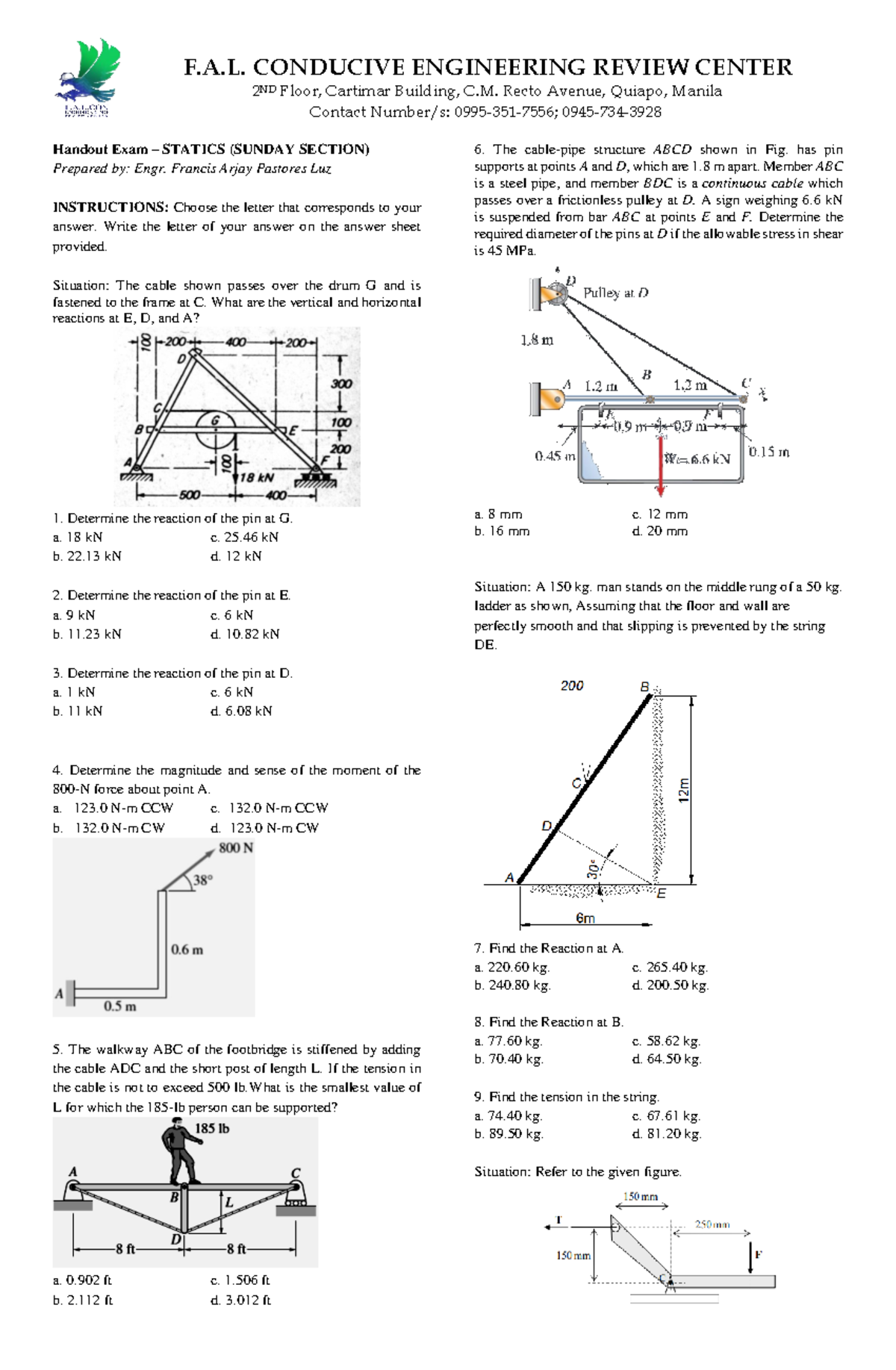 Statics Handout Exam - Sunday - F.A. CONDUCIVE ENGINEERING REVIEW ...