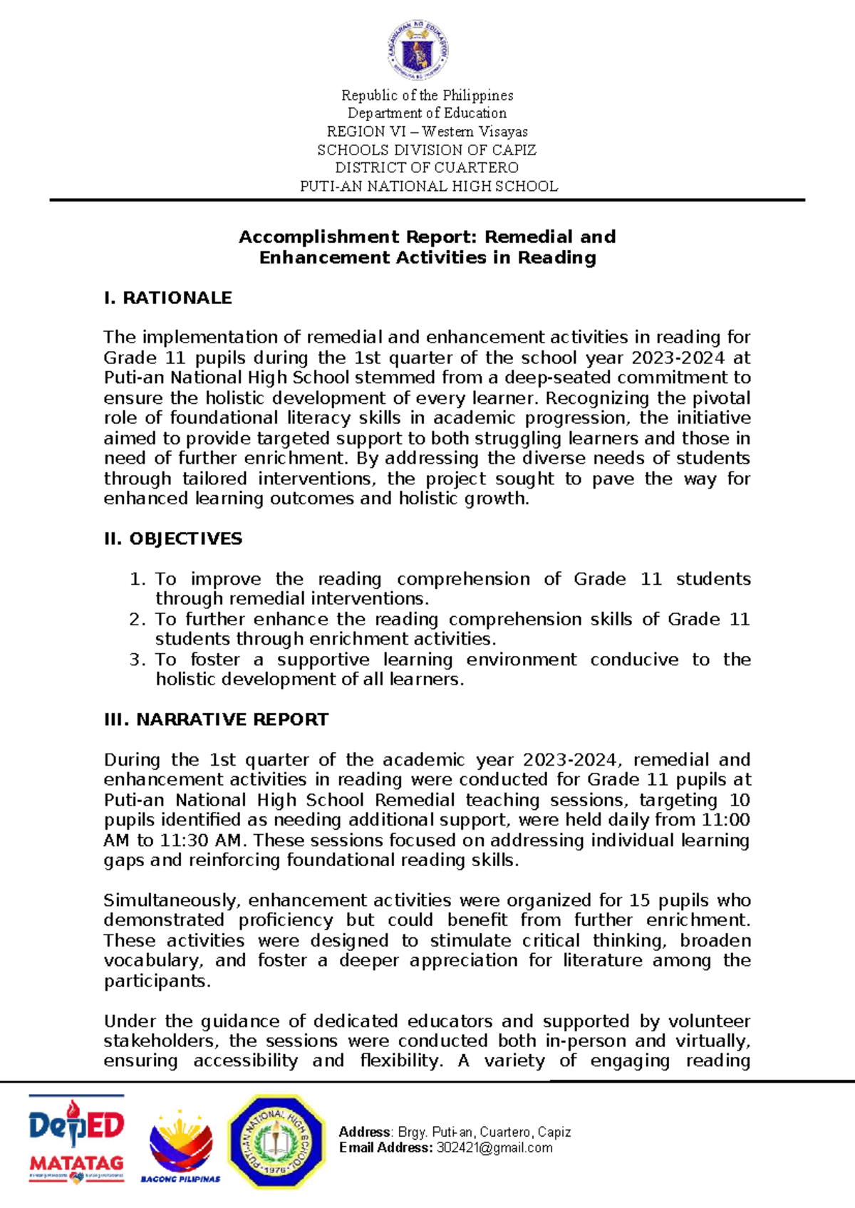 Accomplishment Report: 2nd Q Remedial Reading Activities for Grade 11 ...