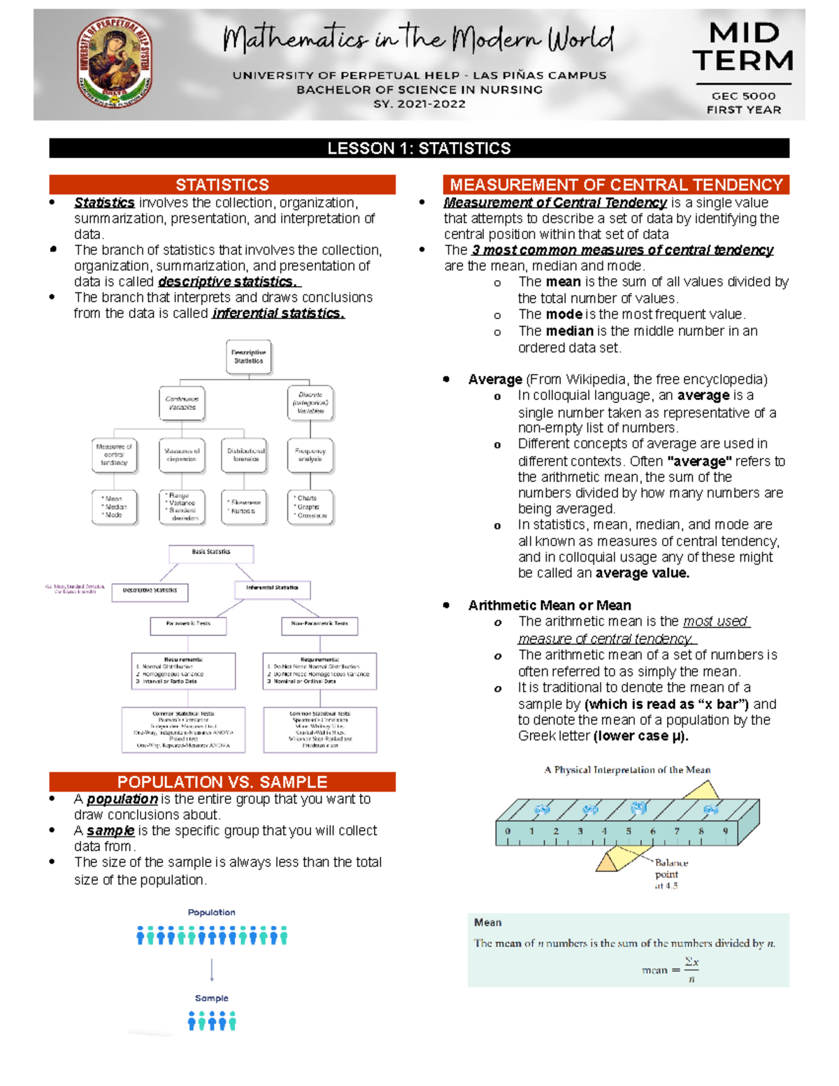MMW Prelim Review: Introduction to Statistics and Data Analysis - Studocu