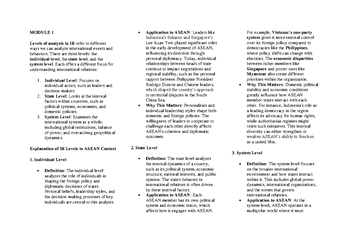 Special Topics in International Relations: Levels of Analysis Overview ...