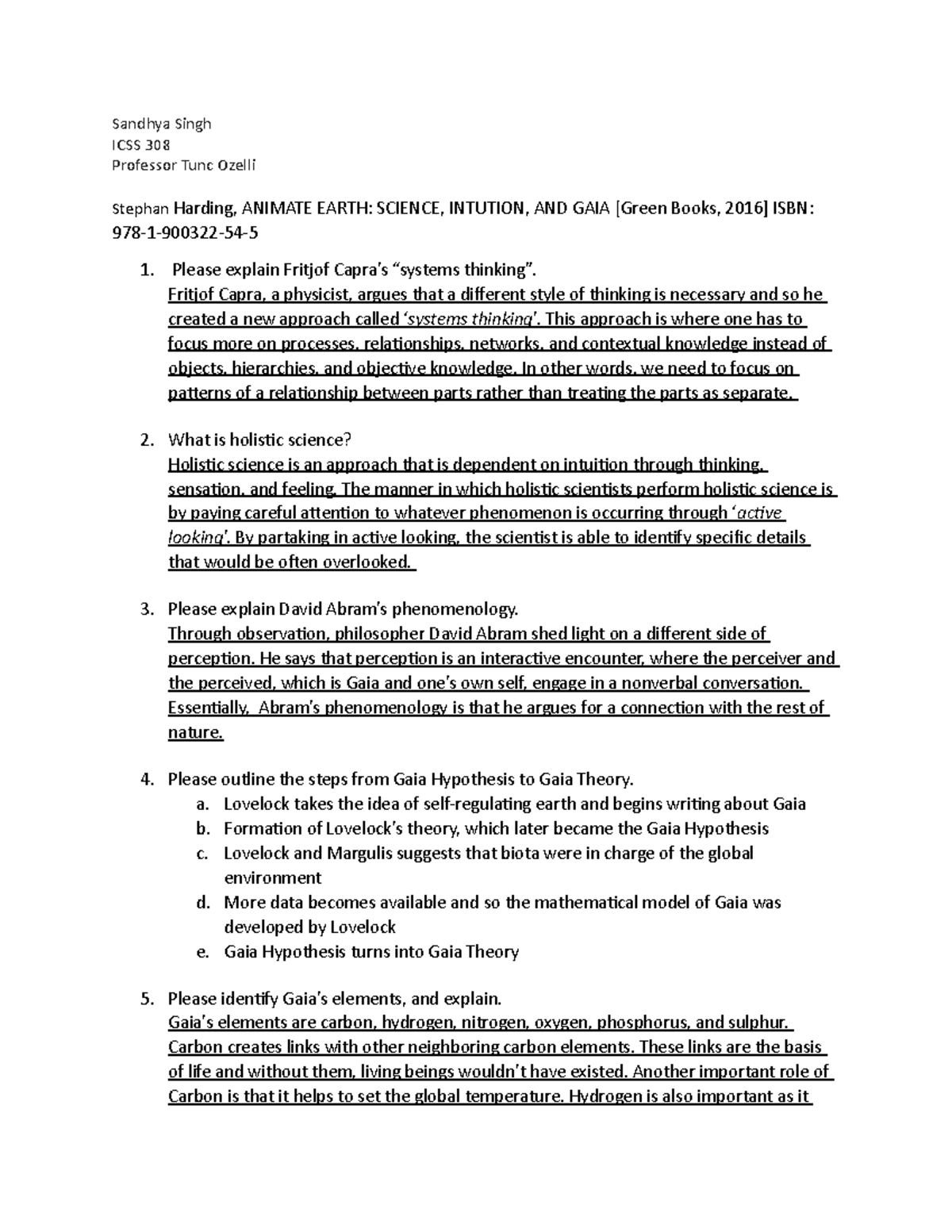 Stephen Harding Animate Earth 10 Questions - Sandhya Singh ICSS 308 ...