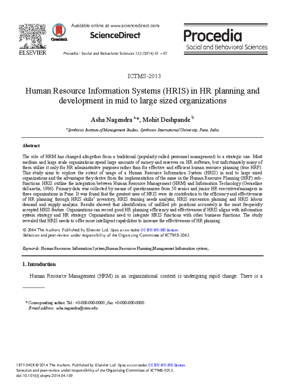 HRIS in Human Resource Planning: Insights from ICTMS-2013 Study - Studocu