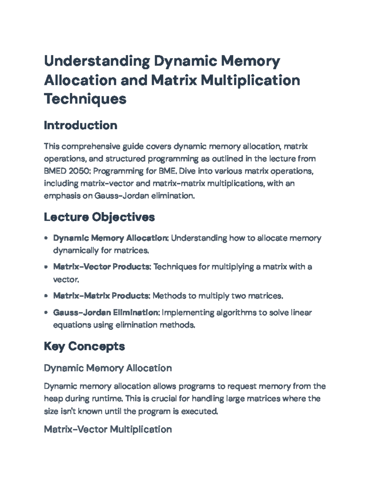 Dynamic Memory Allocation and Matrix Operations in BMED 2050 Lecture ...