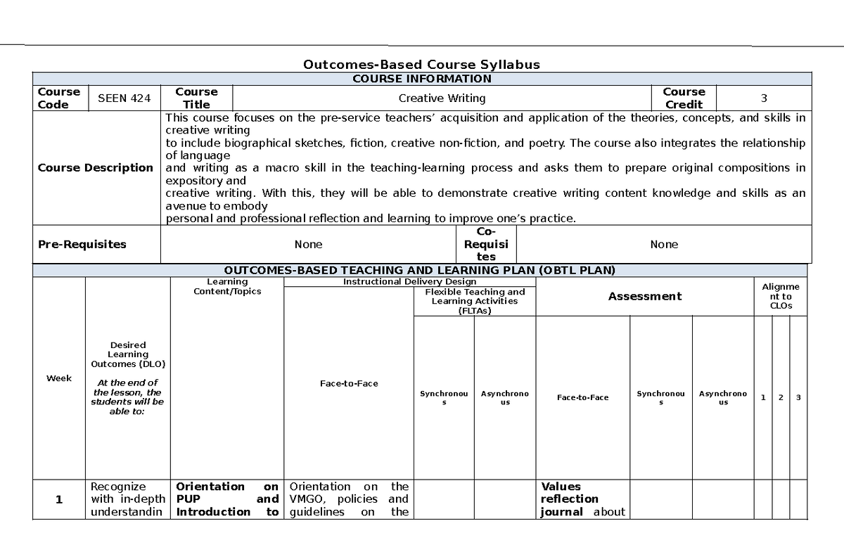 Creative Writing Syllabus - SEEN 424 Week 1 Overview - Studocu