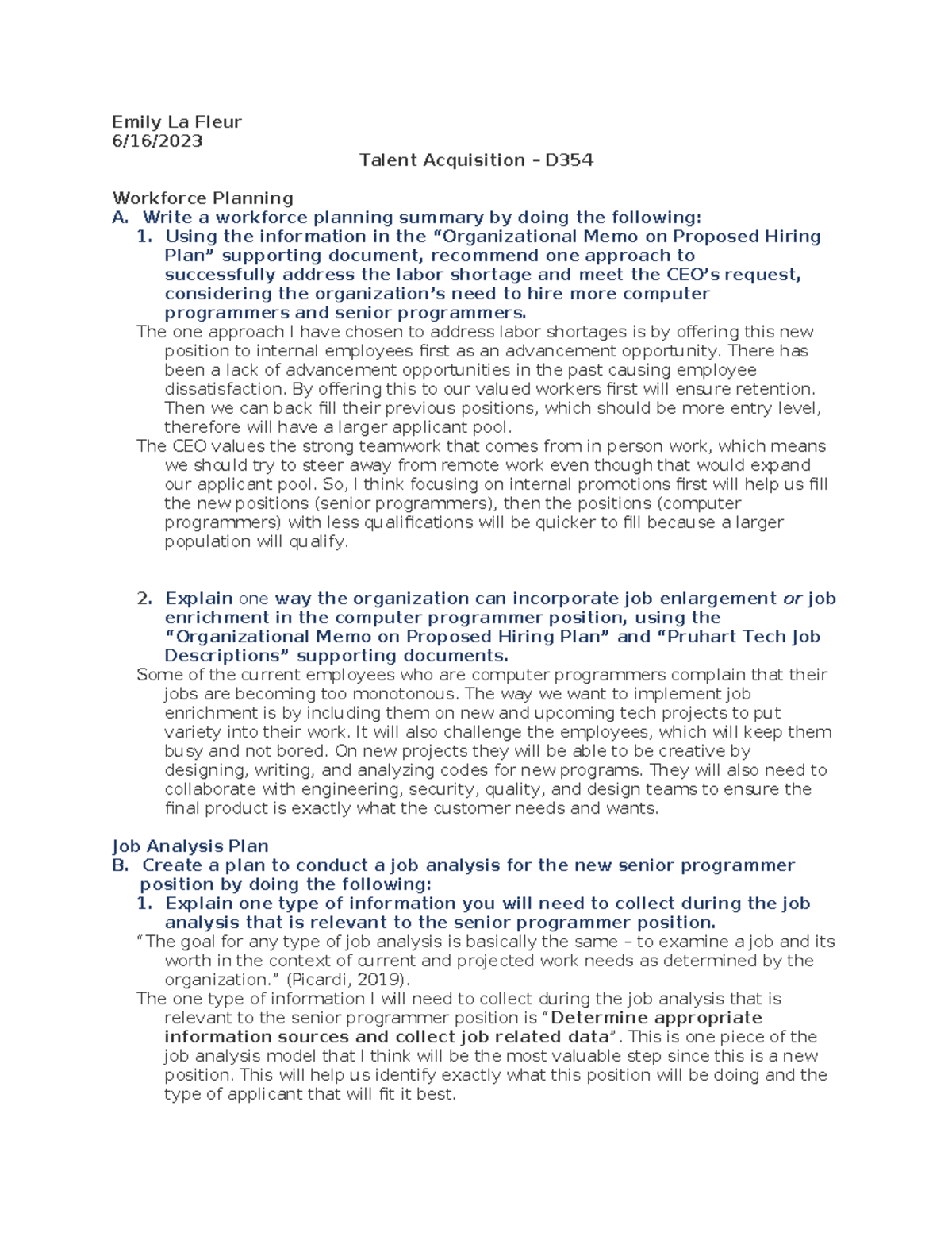 D354 Talent Acquisition Task 1 - Workforce Planning & Job Analysis ...