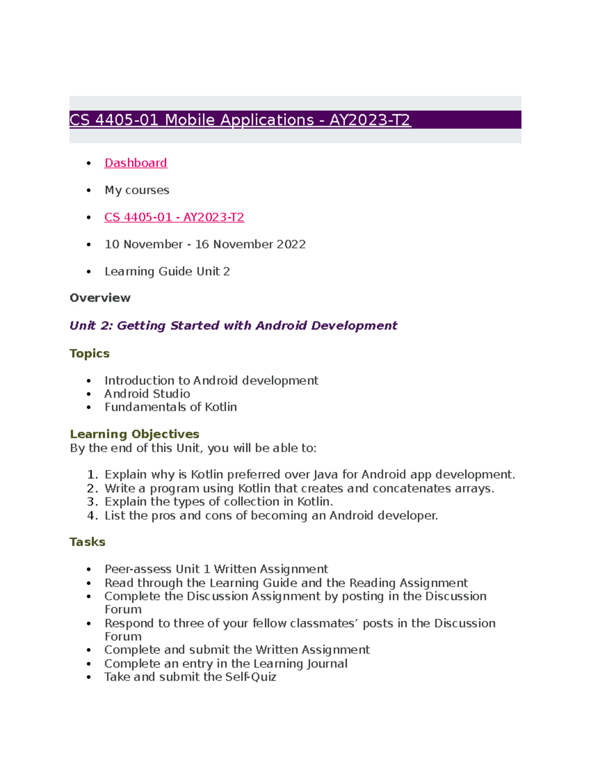 Learning Guide Unit 2- cs 4405 - CS 4405-01 Mobile Applications ...