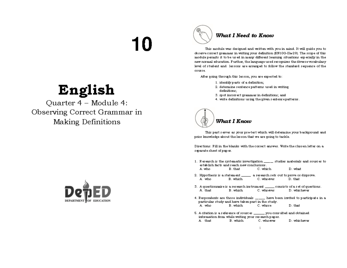 Eng10 Q4 Mod-4 - Grammar and Definitions Guide - Studocu