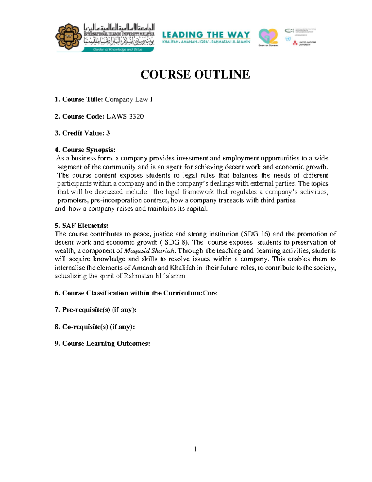 CO LAWS 3320 - COURSE OUTLINE Course Title: Company Law I Course Code ...