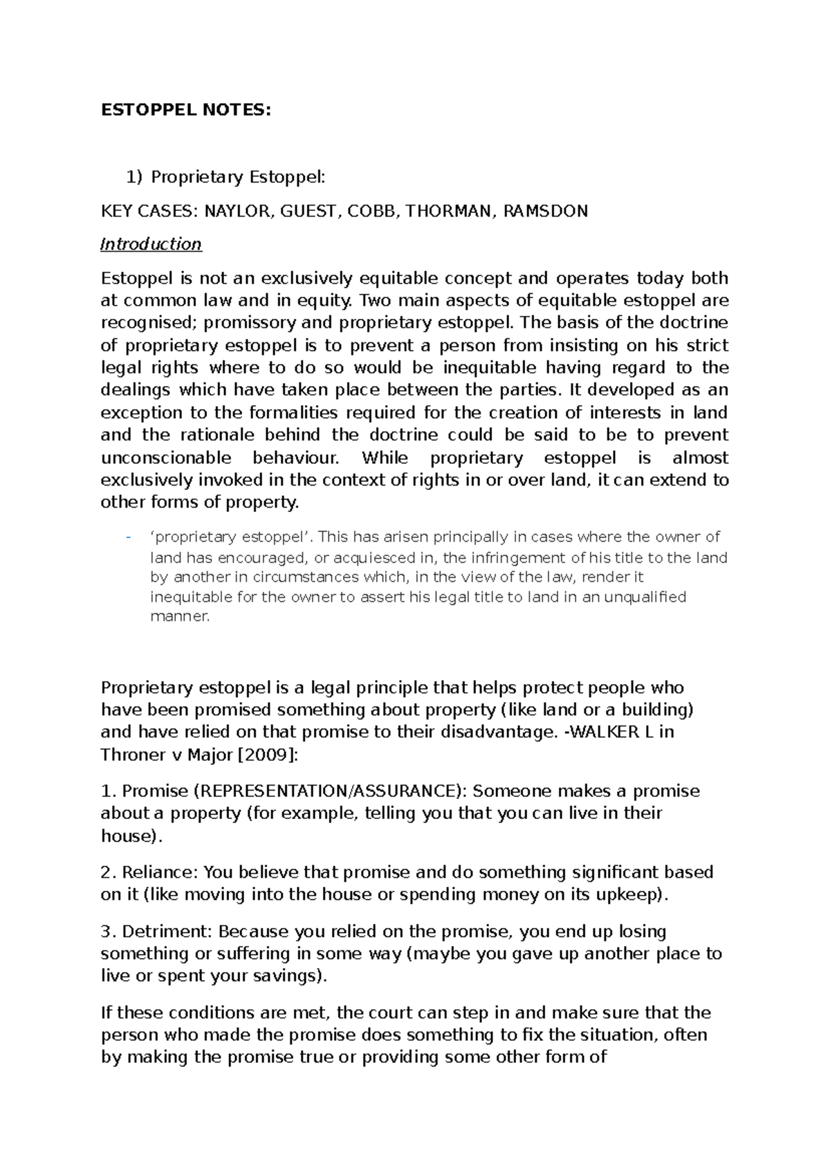 Exam Notes on Proprietary Estoppel - Law of Equity (Doctrines ...