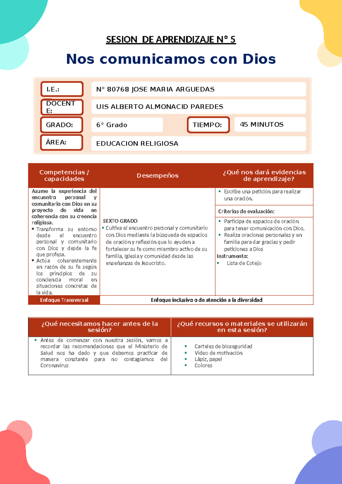 SESION DE APRENDIZAJE Nº 5: Comunicación con Dios - Grado 6 - I.E ...