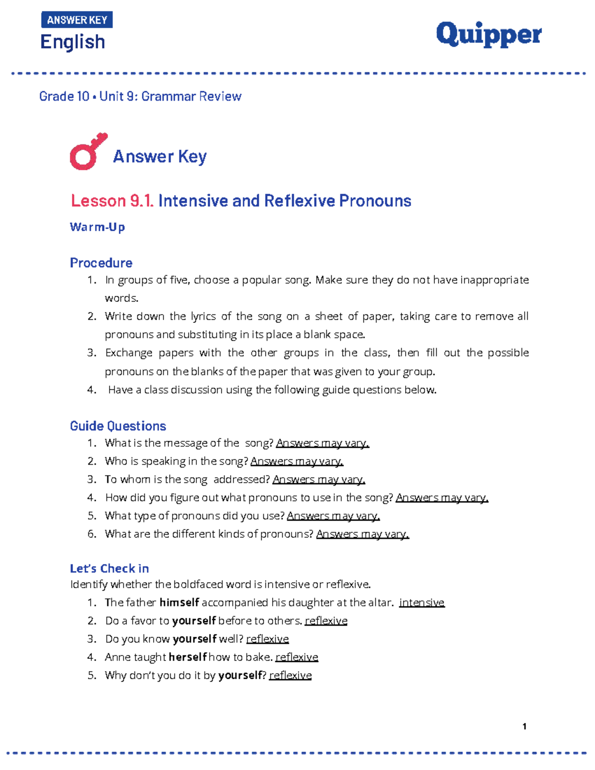 English Grade 10 Unit 9: Intensive & Reflexive Pronouns Review - Studocu
