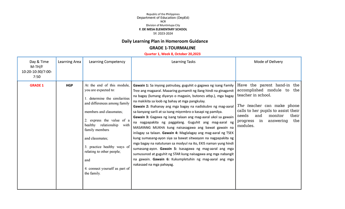 HGP-WHLP-Q1-W1-ALL- Grade- Levels - Daily Learning Plan in Homeroom ...