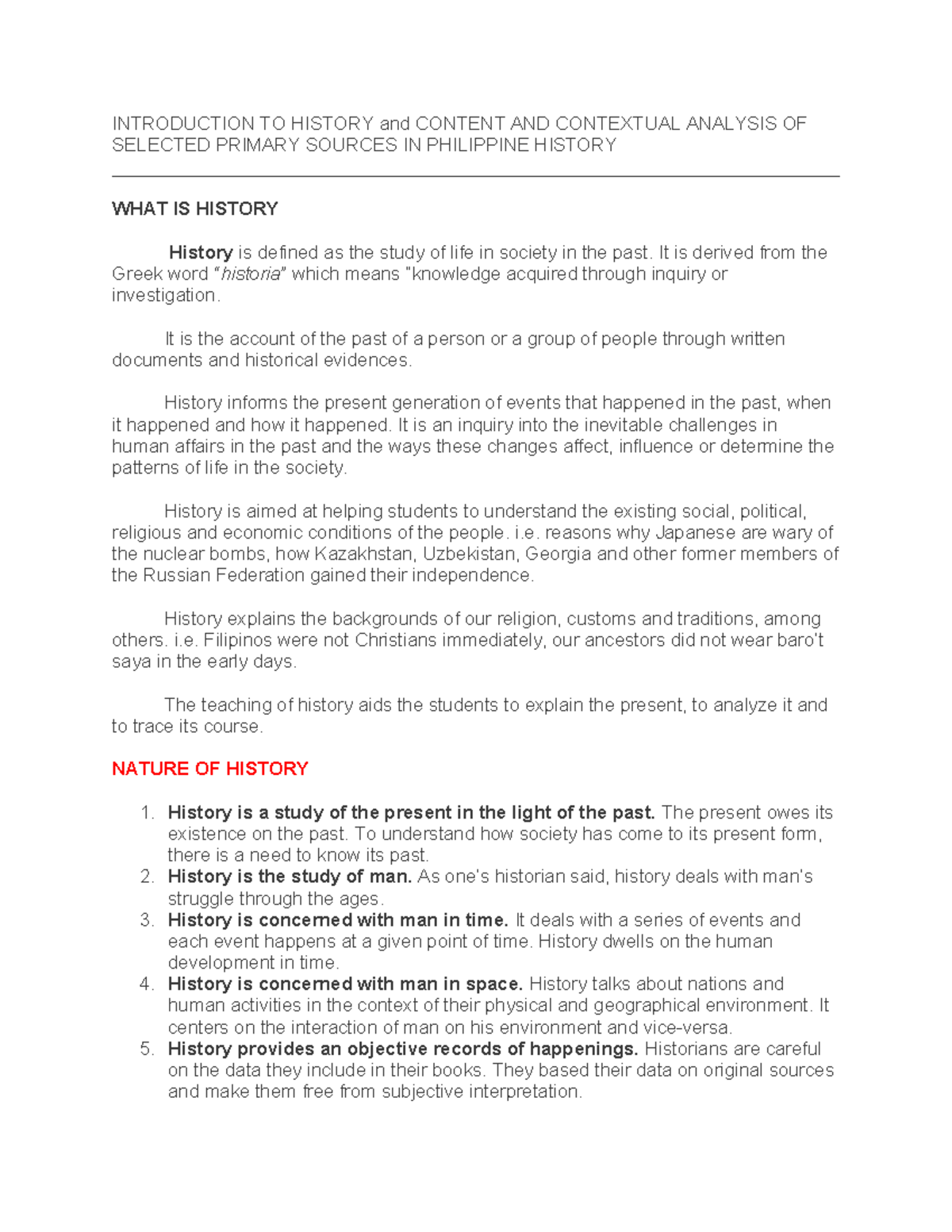 History Reviewer - INTRODUCTION TO HISTORY and CONTENT AND CONTEXTUAL ...