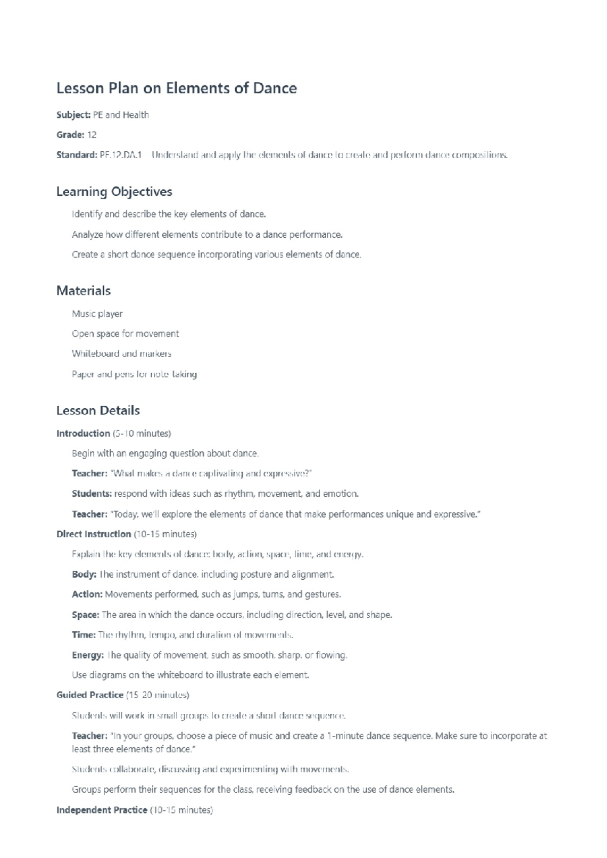 Lesson Plan: Elements of Dance - PE.12.DA.1 - Studocu
