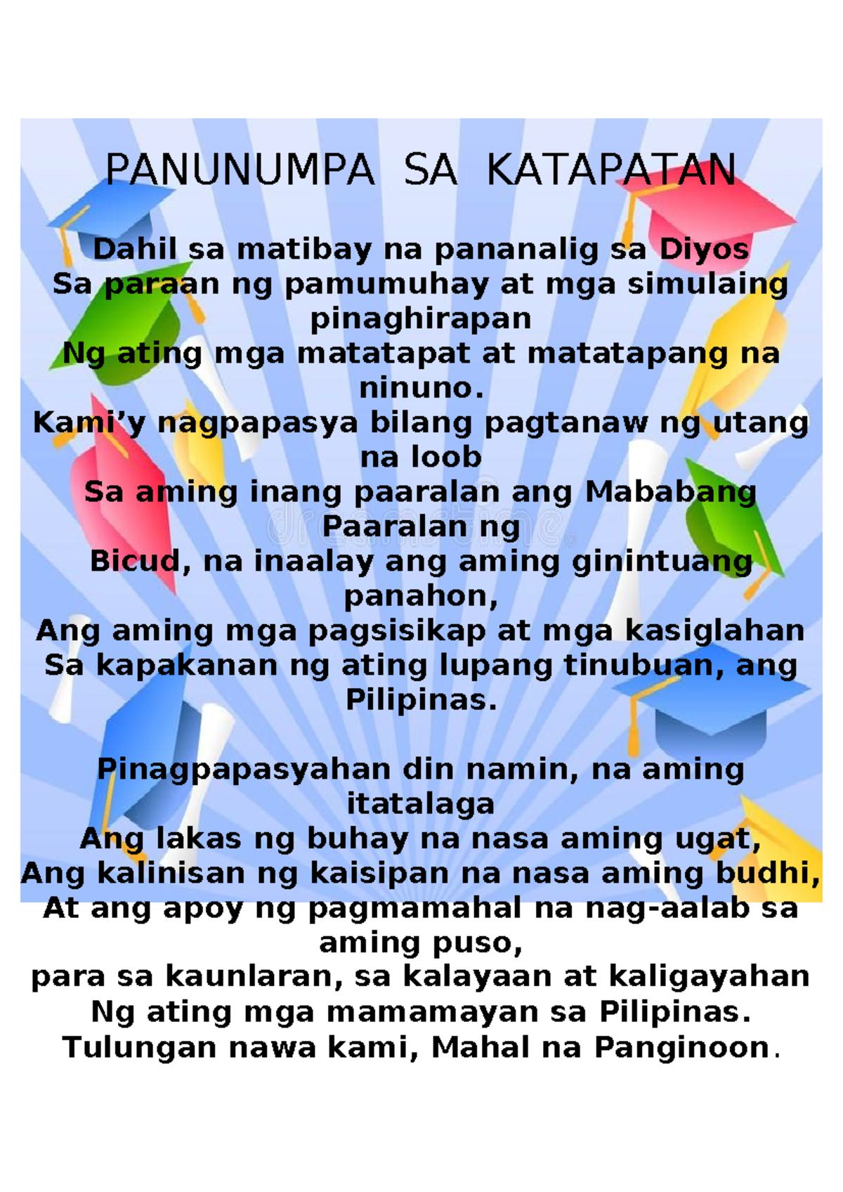 Panunumpa sa Katapatan: Grad 2024 Pledge of Loyalty - Studocu