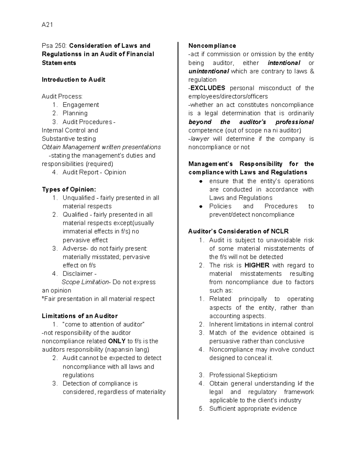 A21 Psa 250: Audit Considerations for Laws & Regulations Compliance ...