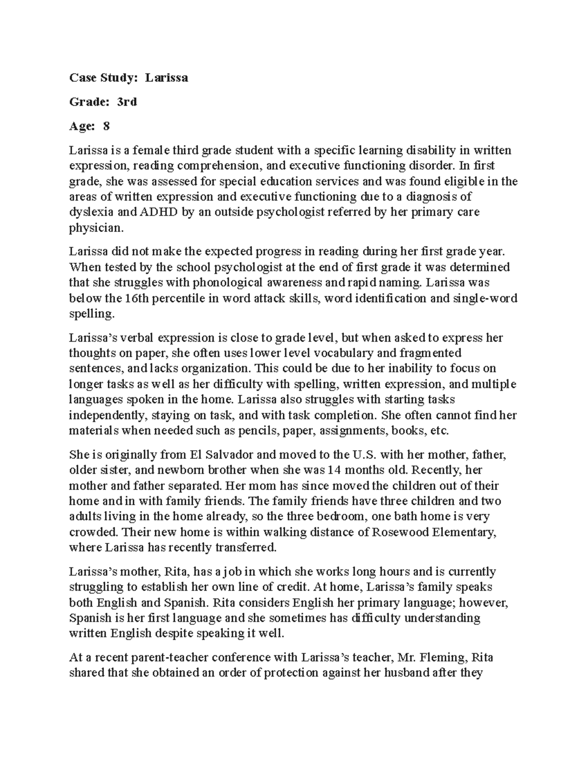Case Study: Larissa (3rd Grade) - Learning Disabilities & Family ...