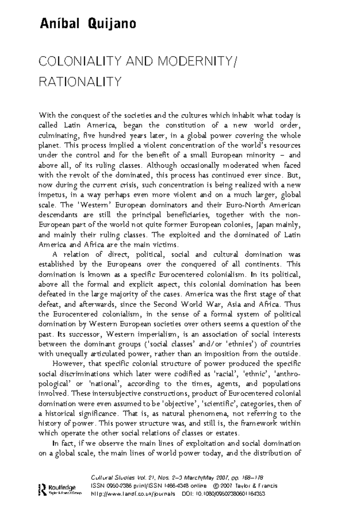 Coloniality, Modernity & Rationality: An Analysis of Power Dynamics ...