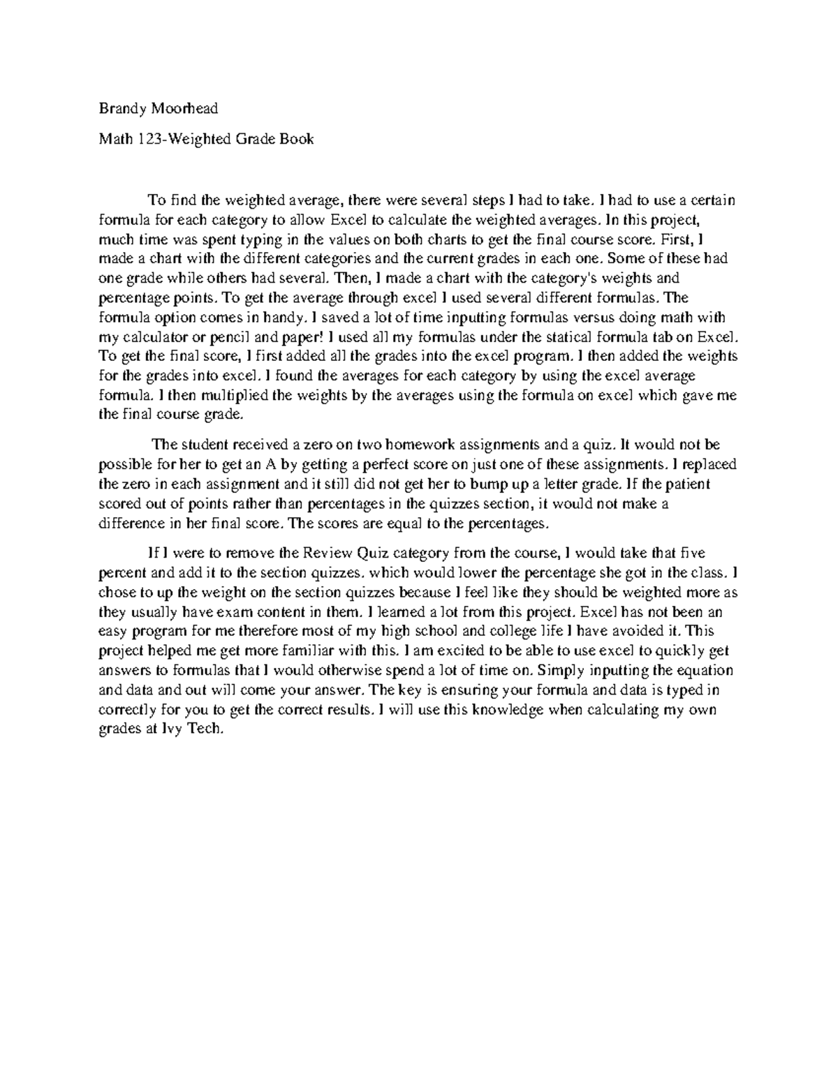 Math 123- Weighted Grade Book: Calculating Averages in Excel - Studocu