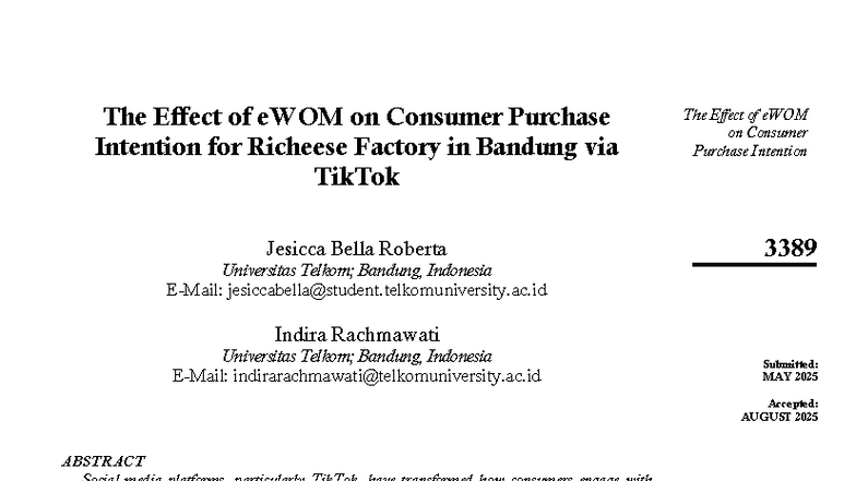 The Effect of eWOM on Consumer Purchase Intention for Richeese Factory ...