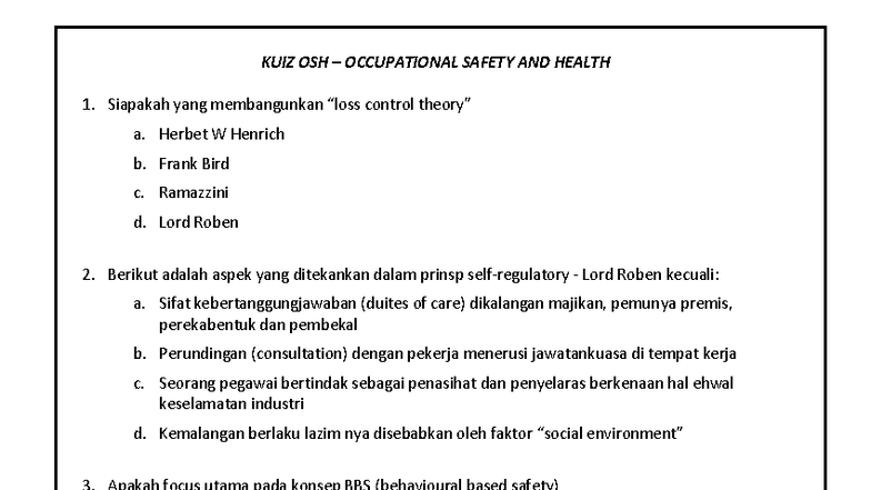 KUIZ OSH 1: Soalan dan Jawapan untuk Safety and Health Officer - Studocu