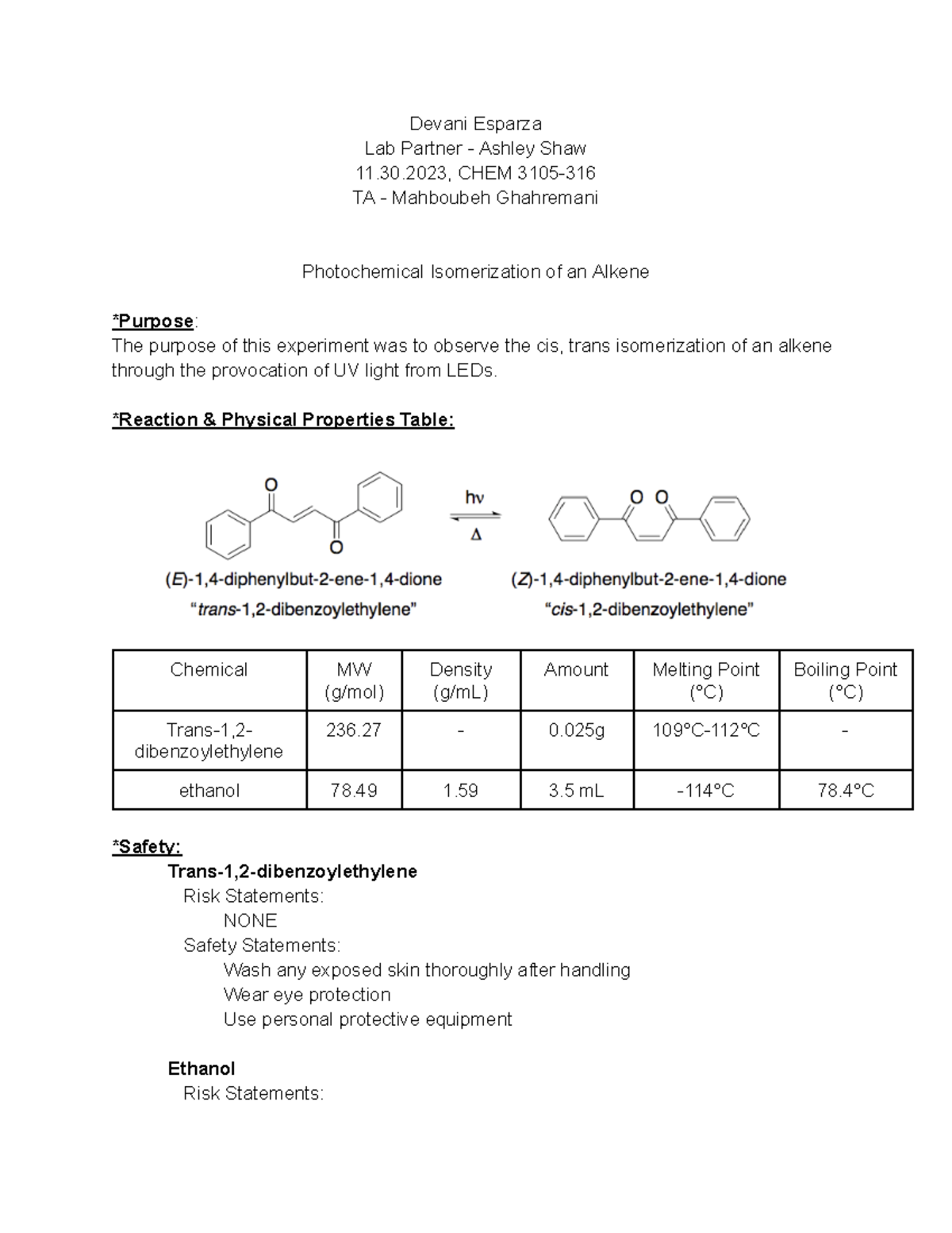 CHEM 3105 Lab 12: Photochemical Isomerization of Alkenes Review - Studocu