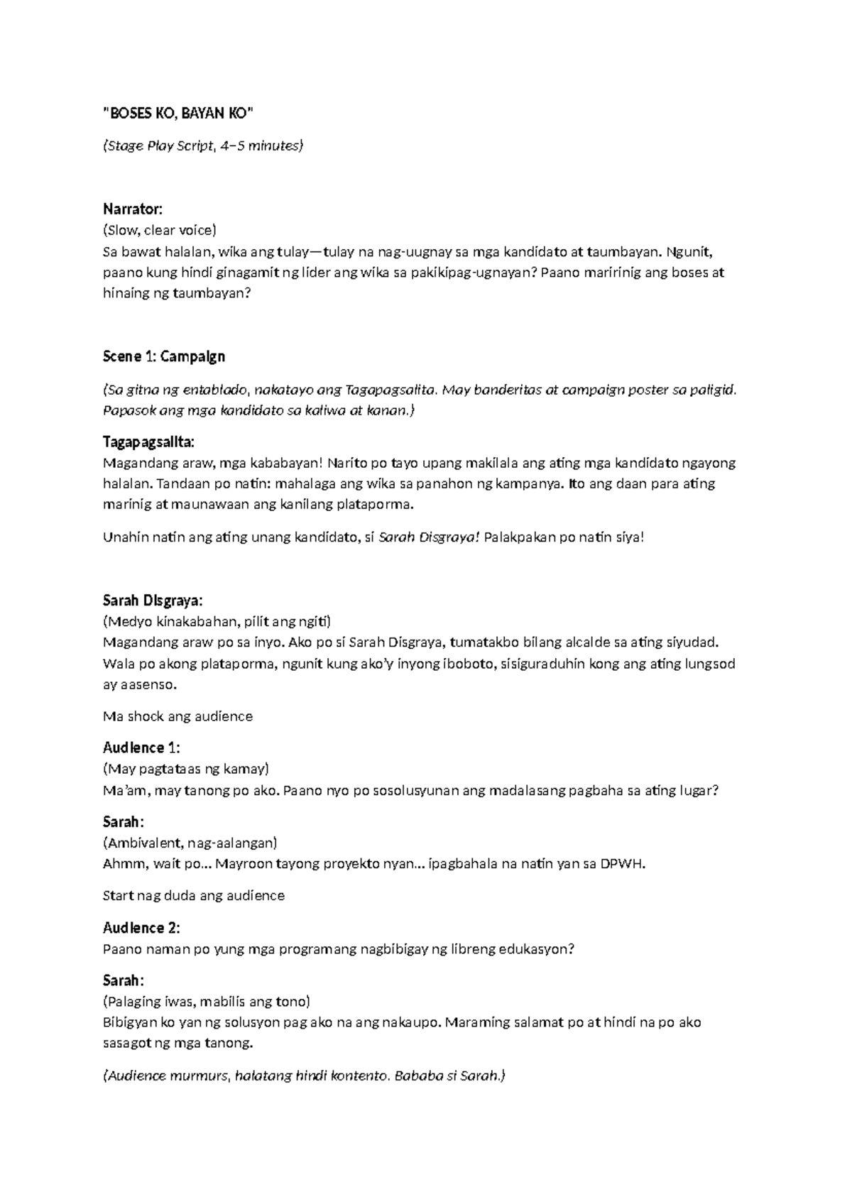 KO, BAYAN (Stage Play Script) - Halalan at Wika - Studocu