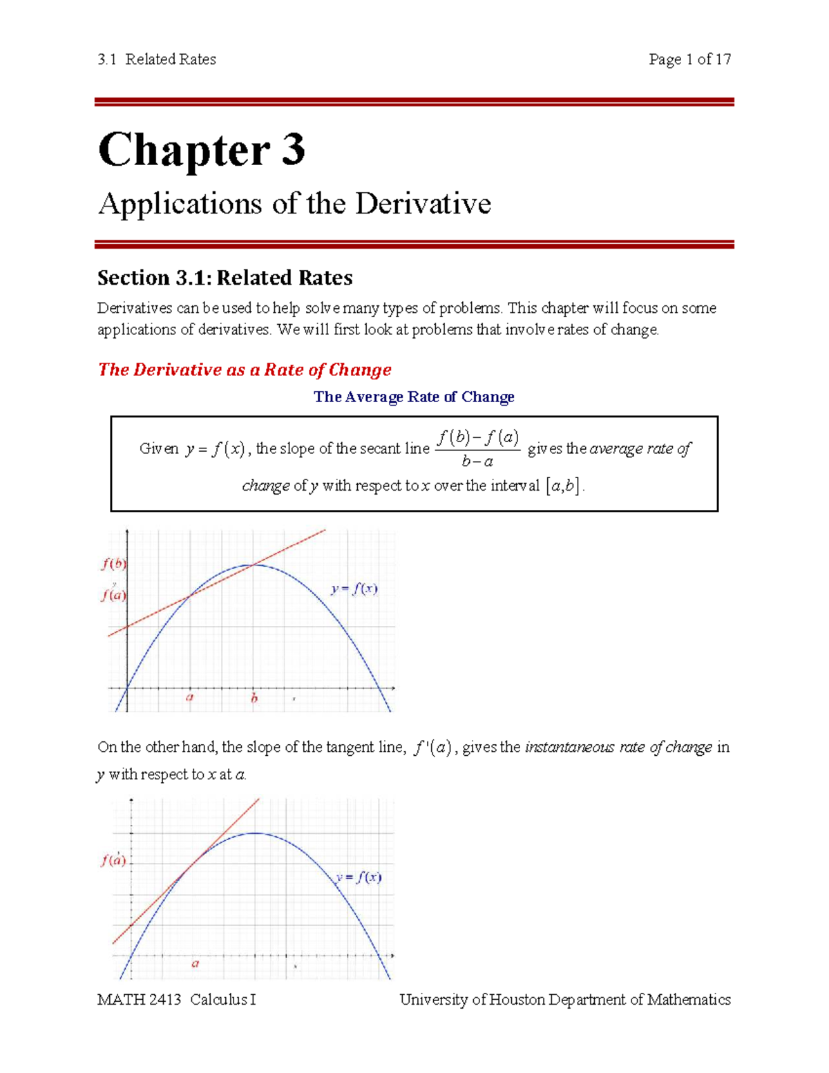 Related Rates: Applications of Derivatives in MATH 2413 Calculus I ...