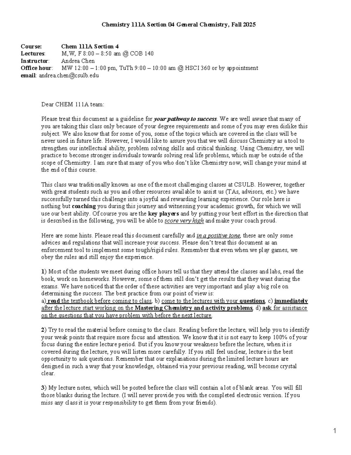 Fall 2025 Chem 111A Section 4 CHEN Syllabus & Success Guidelines - Studocu