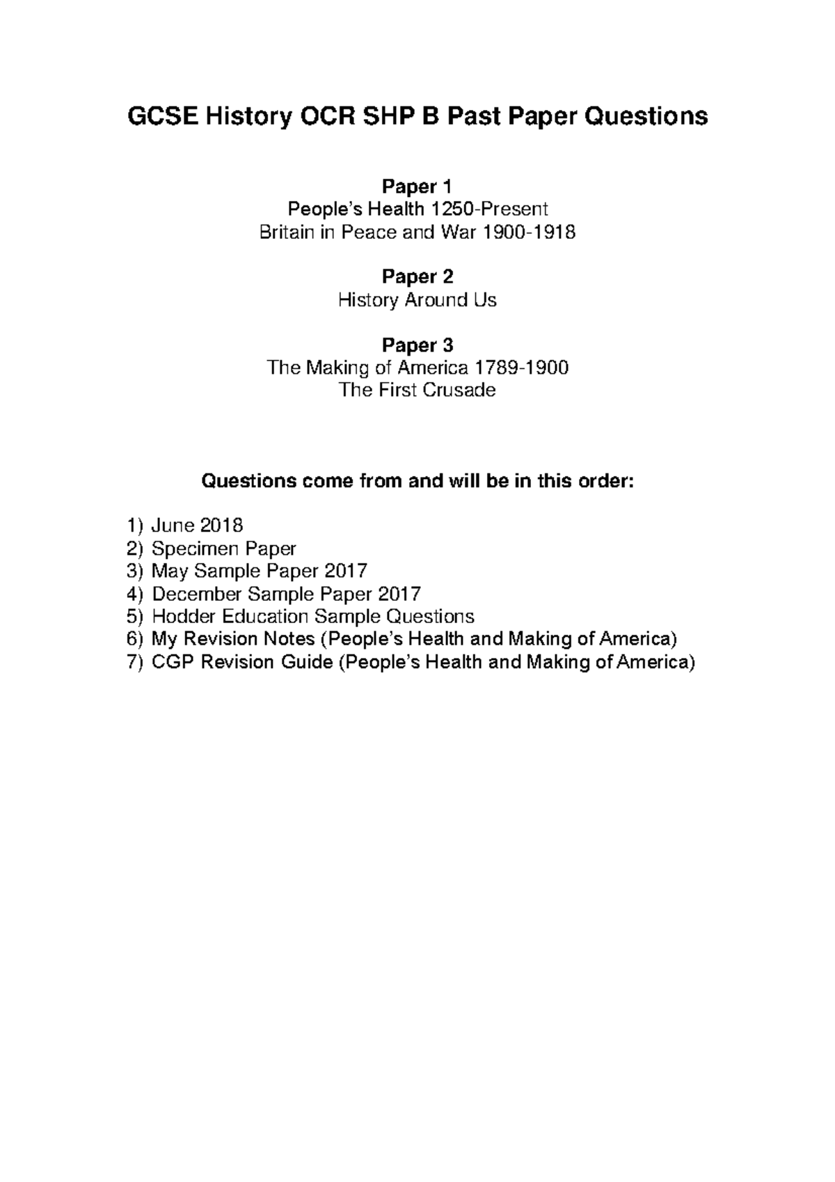 GCSE History OCR SHP B Exam Questions & Revision Notes - Studocu
