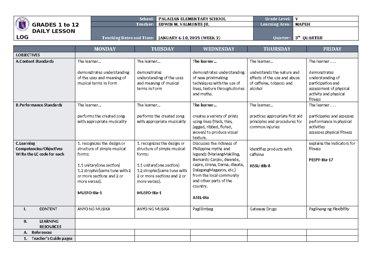 Daily Log Lesson Mapeh 5 Q3 W2 - GRADES 1 to 12 DAILY LESSON LOG School ...