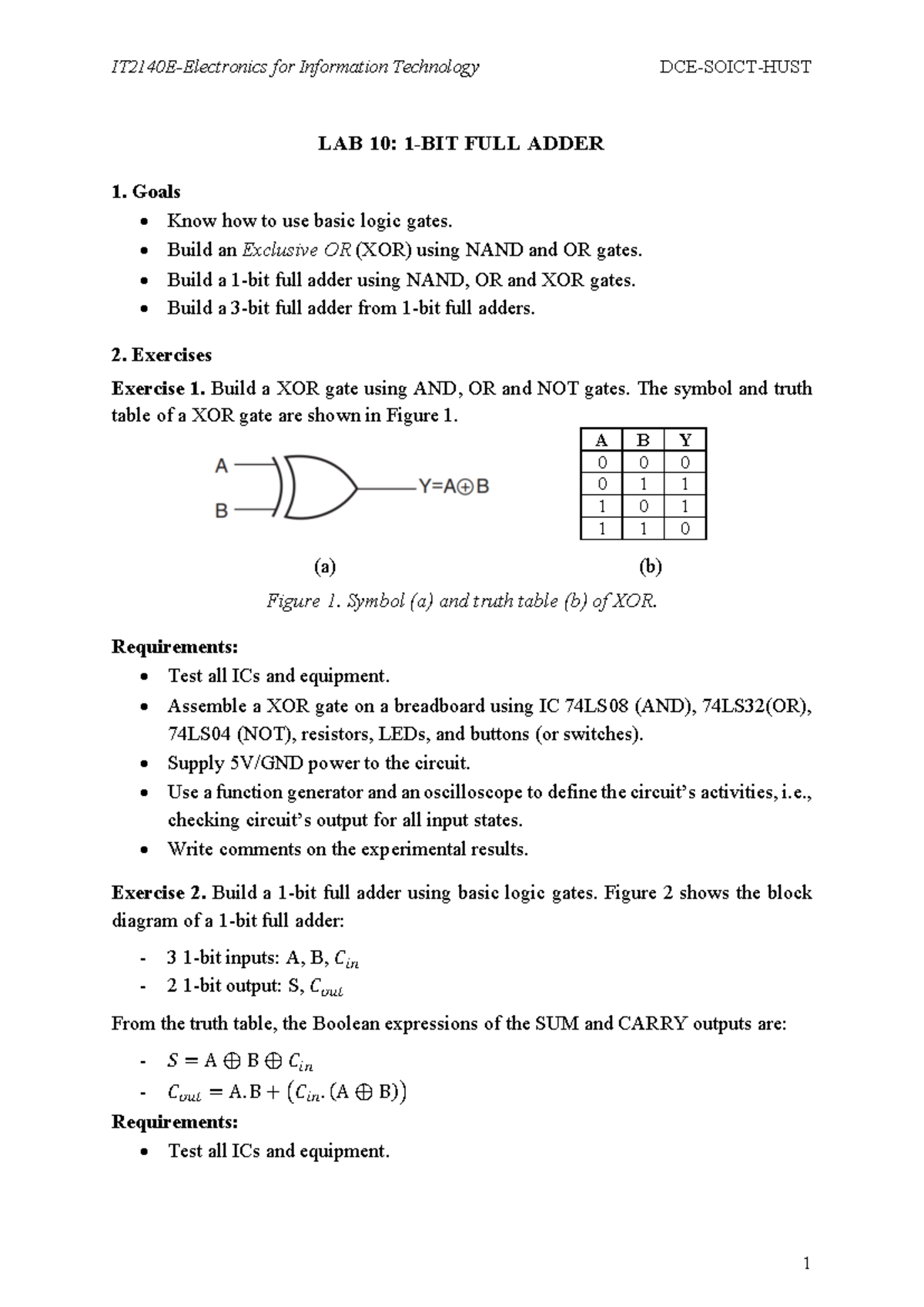 IT LAB 10: Full Adder Construction & XOR Gate Design - Studocu
