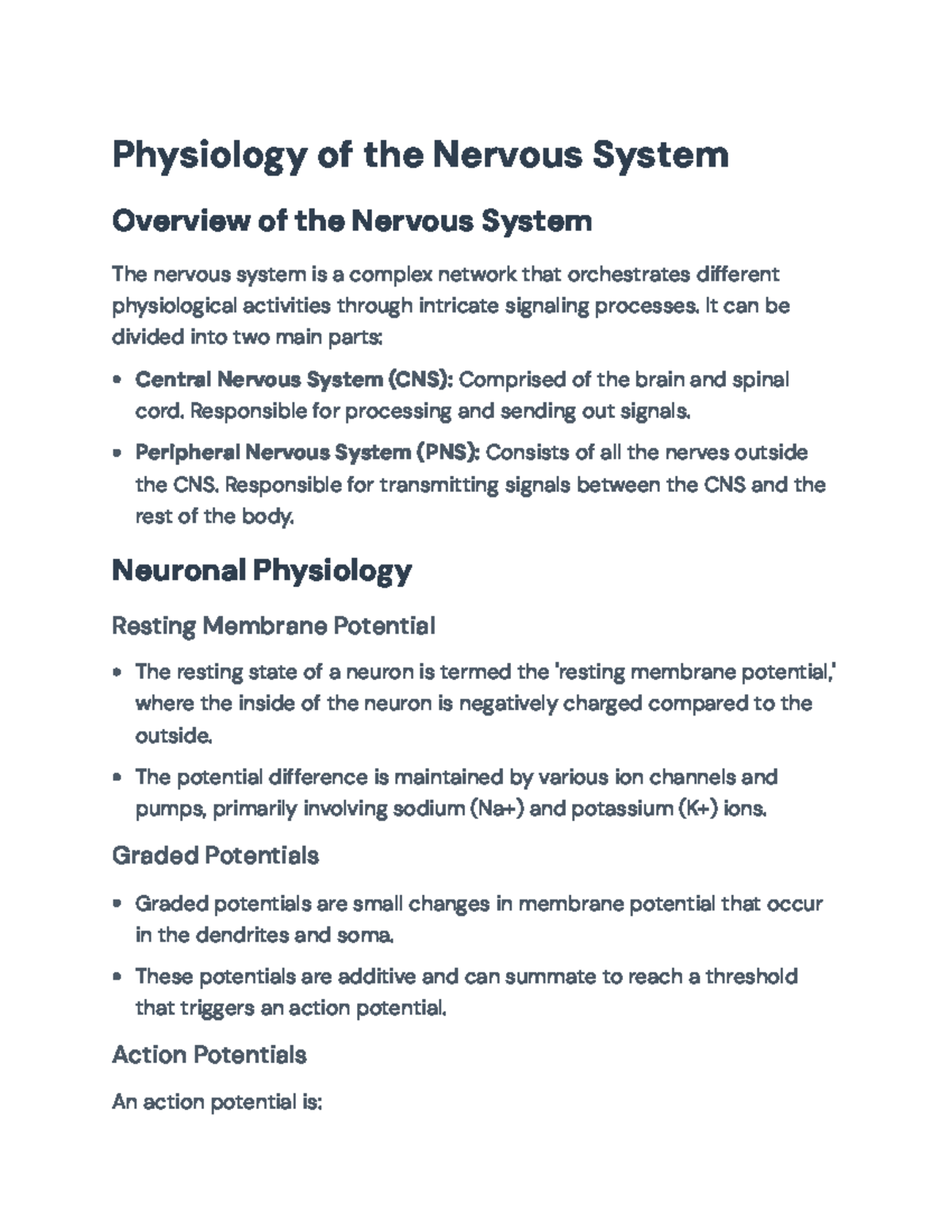 Physiology of the Nervous System: Key Mechanisms and Processes ...