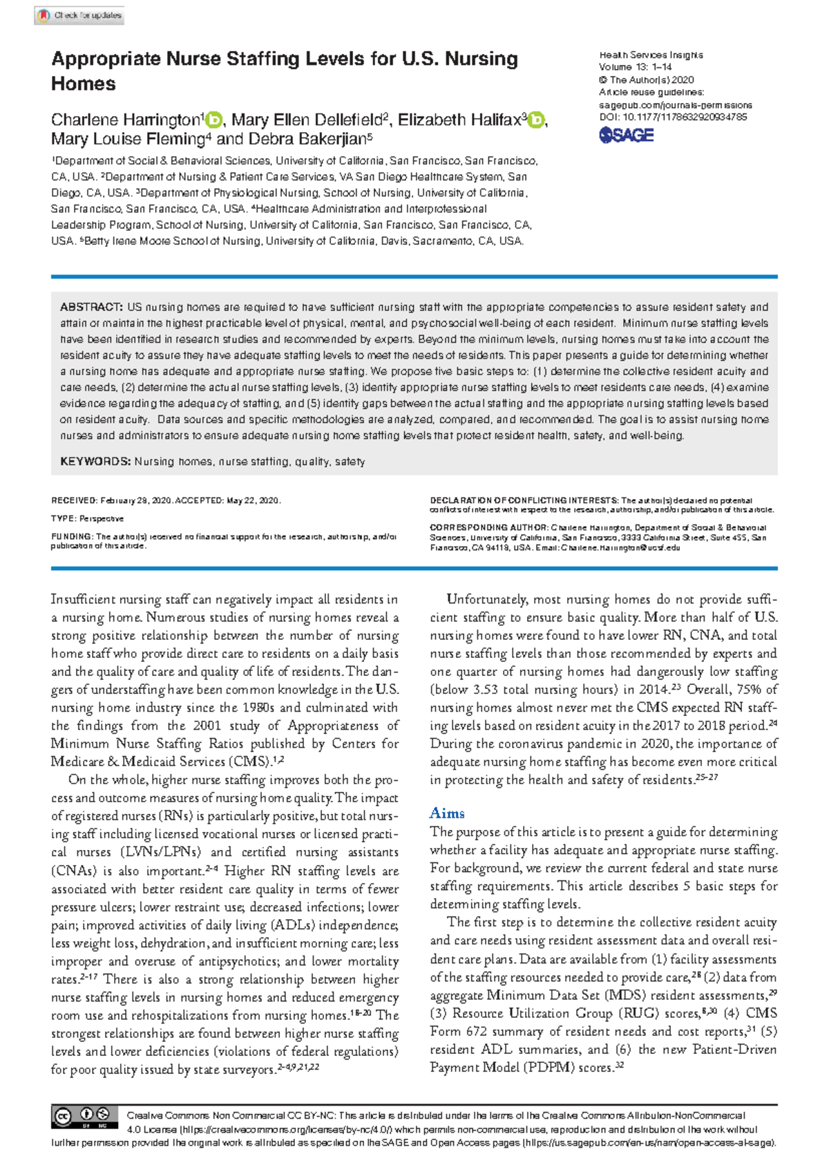 Harrington et al 2020: Guide to Appropriate Nurse Staffing Levels in U ...