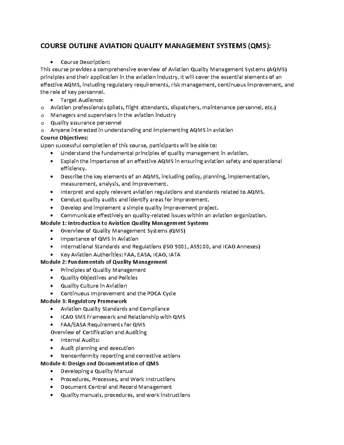 Aviation Quality Management Systems (QMS) Course Outline 2025 - Studocu
