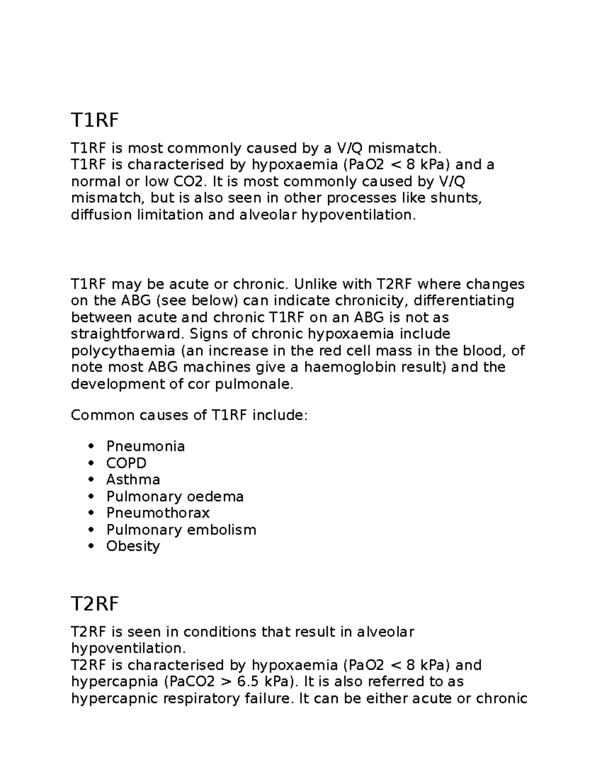 T1RF and T2RF: Understanding Respiratory Failure Mechanisms - Studocu