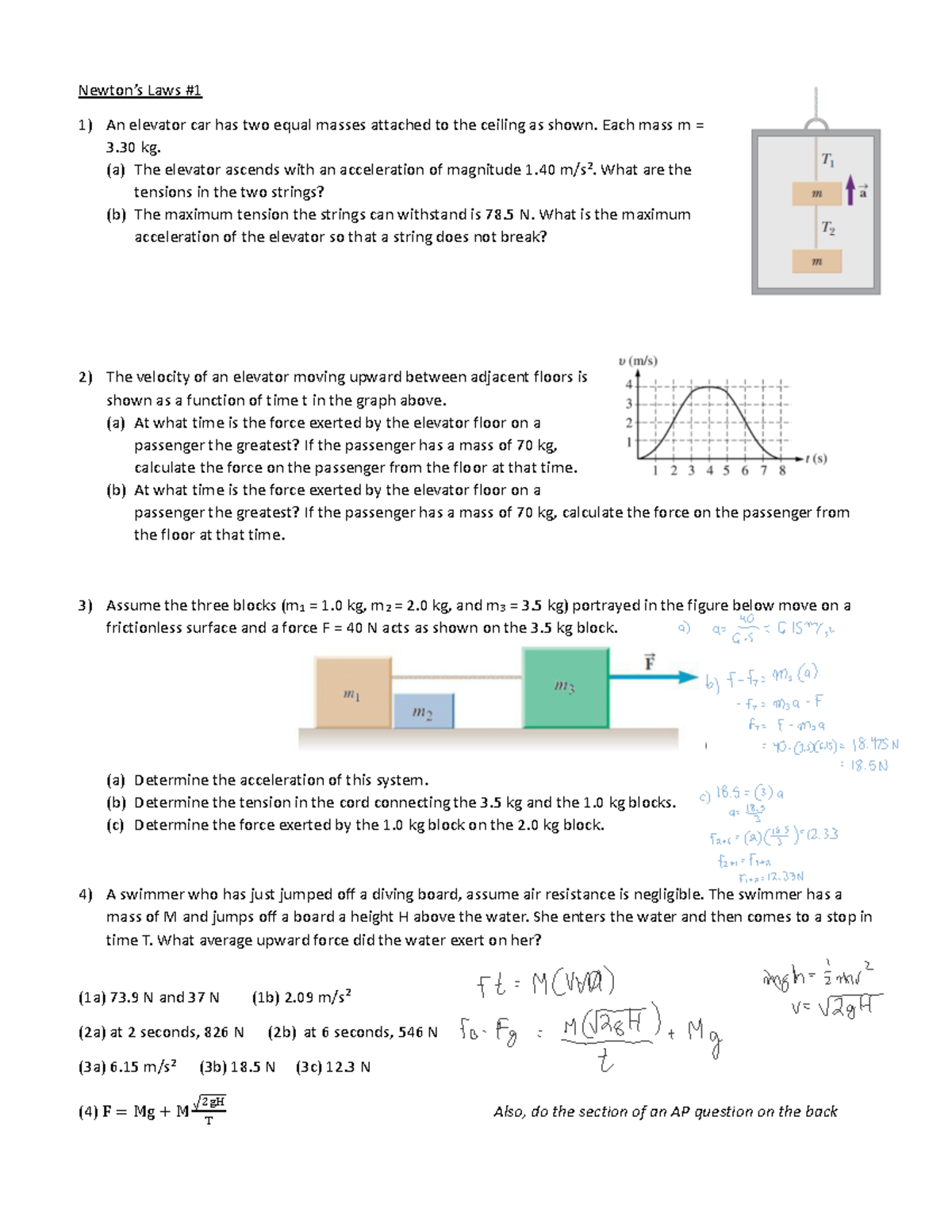 Newton's laws practice problems - Newton’s Laws 1) An elevator car has ...