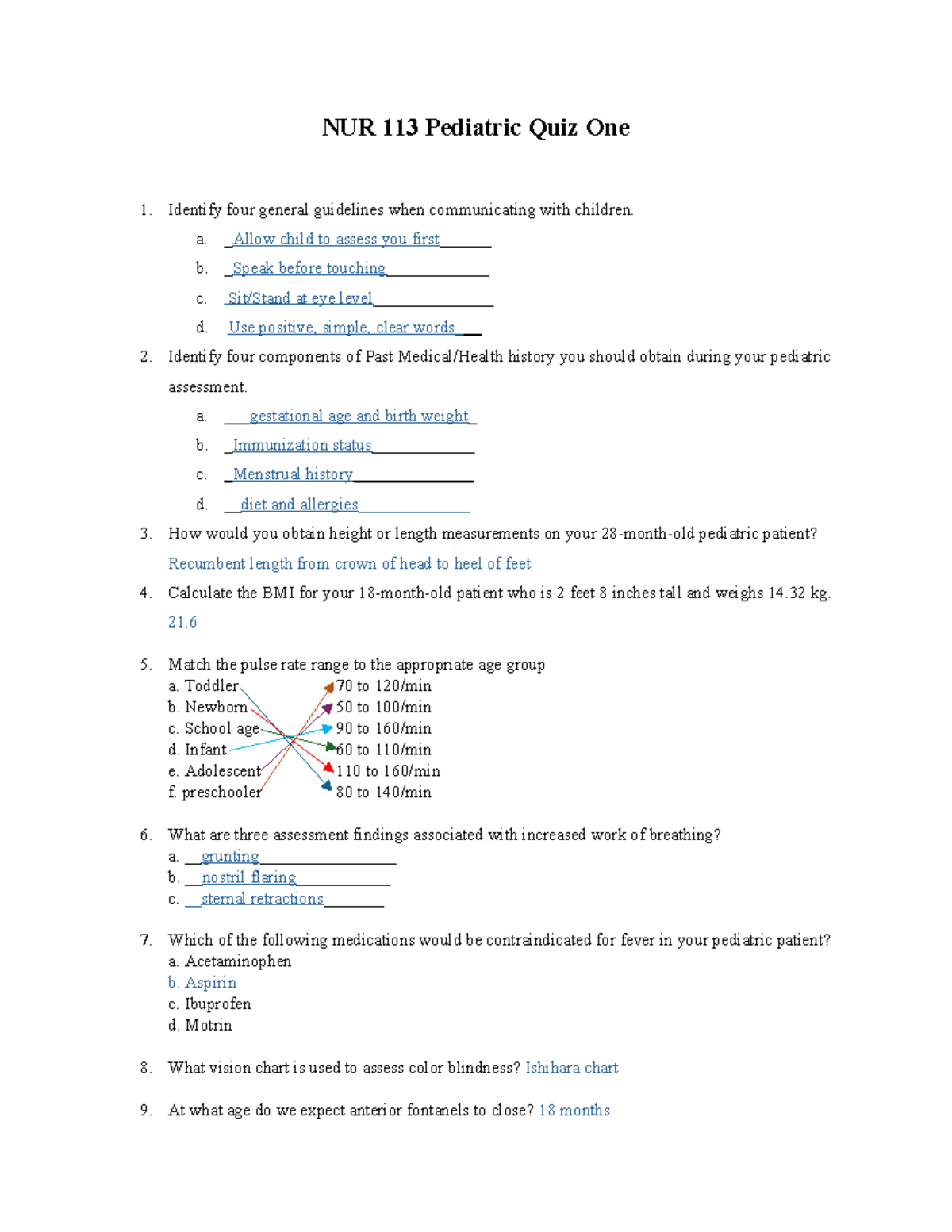 NUR 113 Pediatric Quiz 1 Answer Key with Guidelines and Assessments ...