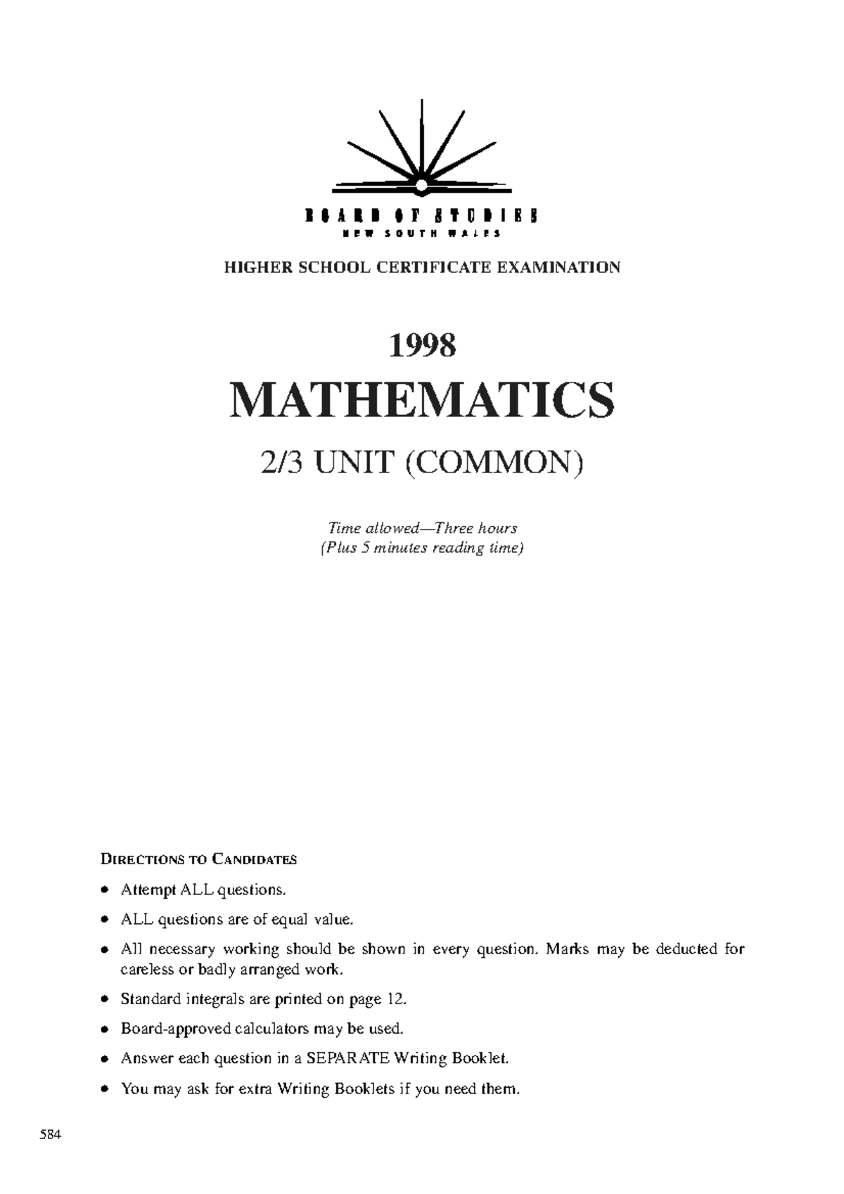 Maths 2U 1998 HSC Exam Paper: Complete Questions & Solutions - Studocu