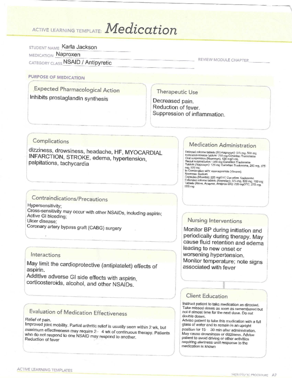 ACTIVE LEARNING TEMPLATE: Naproxen Drug Card (A7) - Studocu
