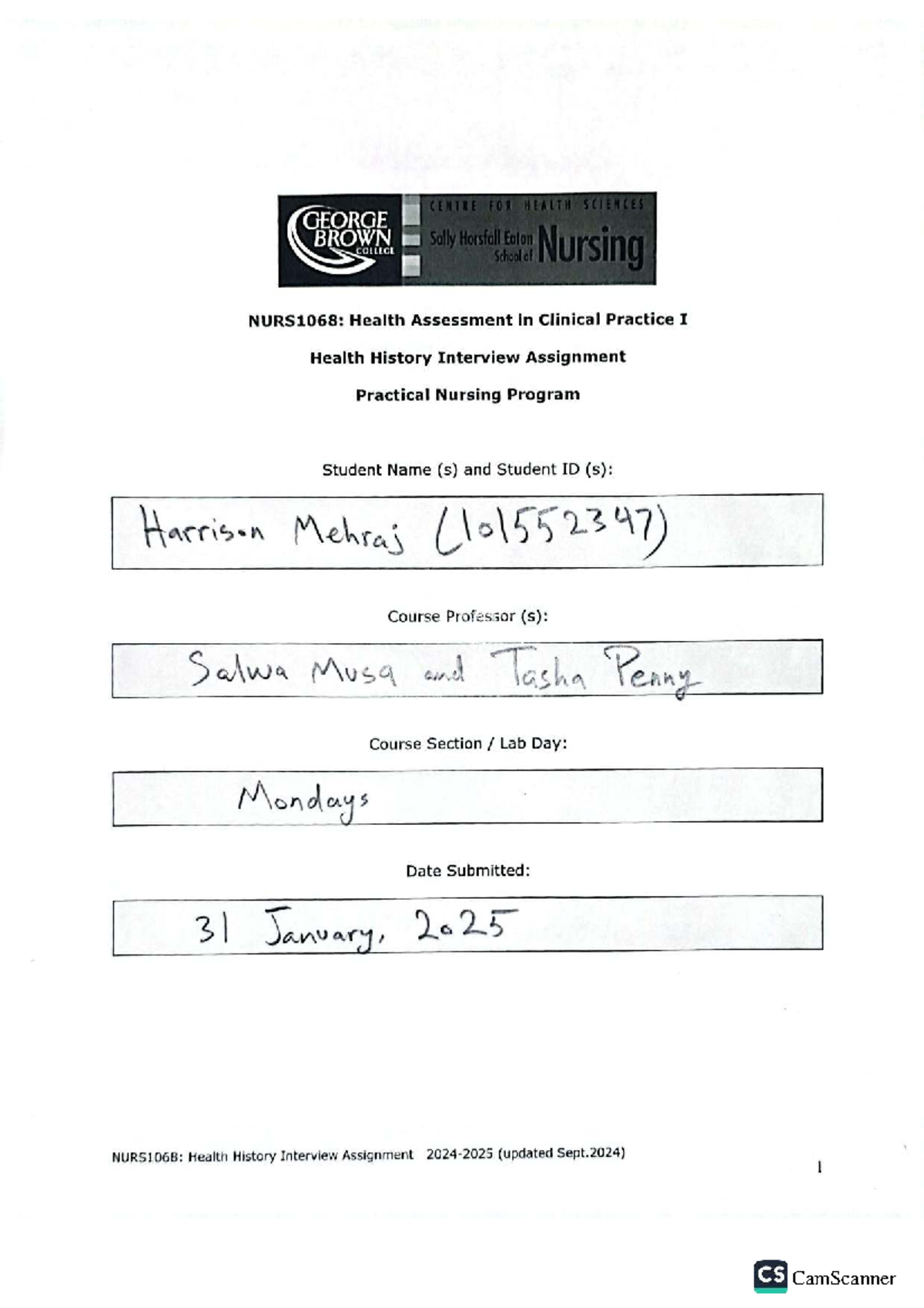 NURS1068: Health History Interview Assignment - Practical Nursing - Studocu