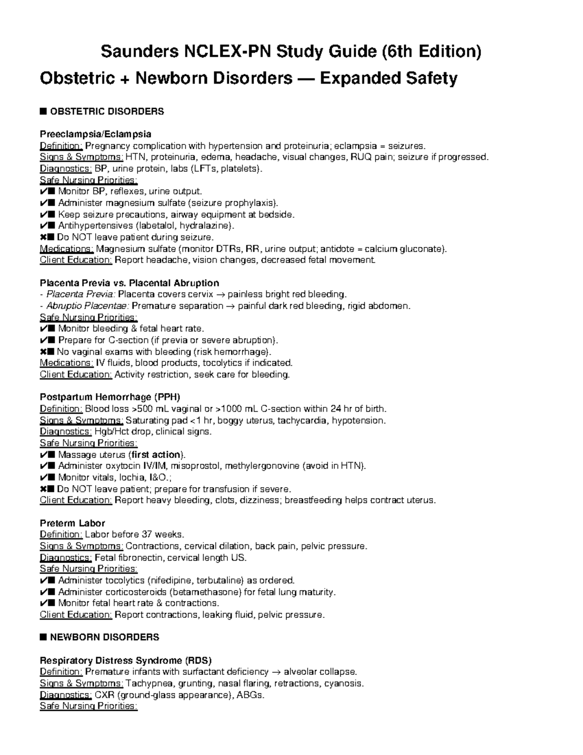 Saunders NCLEX PN Study Guide: OB & Newborn Disorders Expanded - Studocu