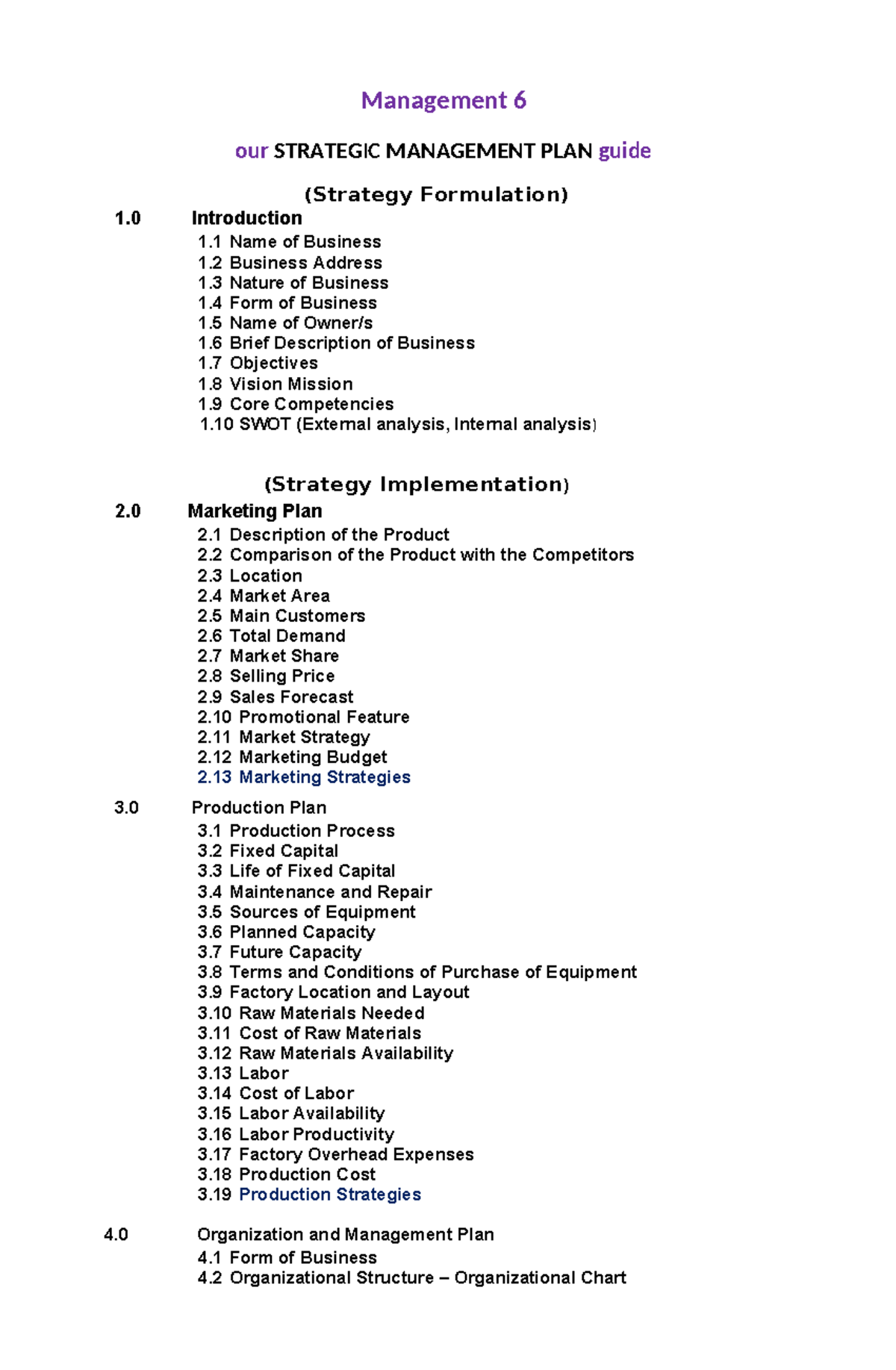Strat MGT PLAN Format Guide - Management 6 our STRATEGIC MANAGEMENT ...