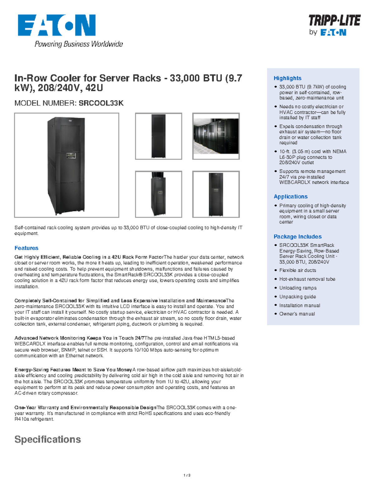 Srcool 33k - nam - Specifications In-Row Cooler for Server Racks ...