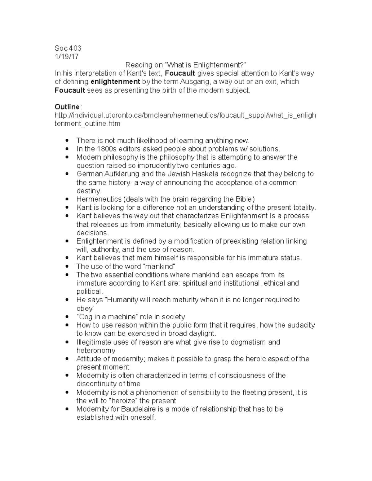 Enlightenment notes - Soc 403 1/19/ Reading on “What is Enlightenment ...